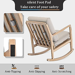 NOBLEMOOD Rocking Chair Linen Fabric Upholstered Nursery Rocker Solid Wood Glider Chair with Mute Foot Pad for Living Room, Reading(Beige)
