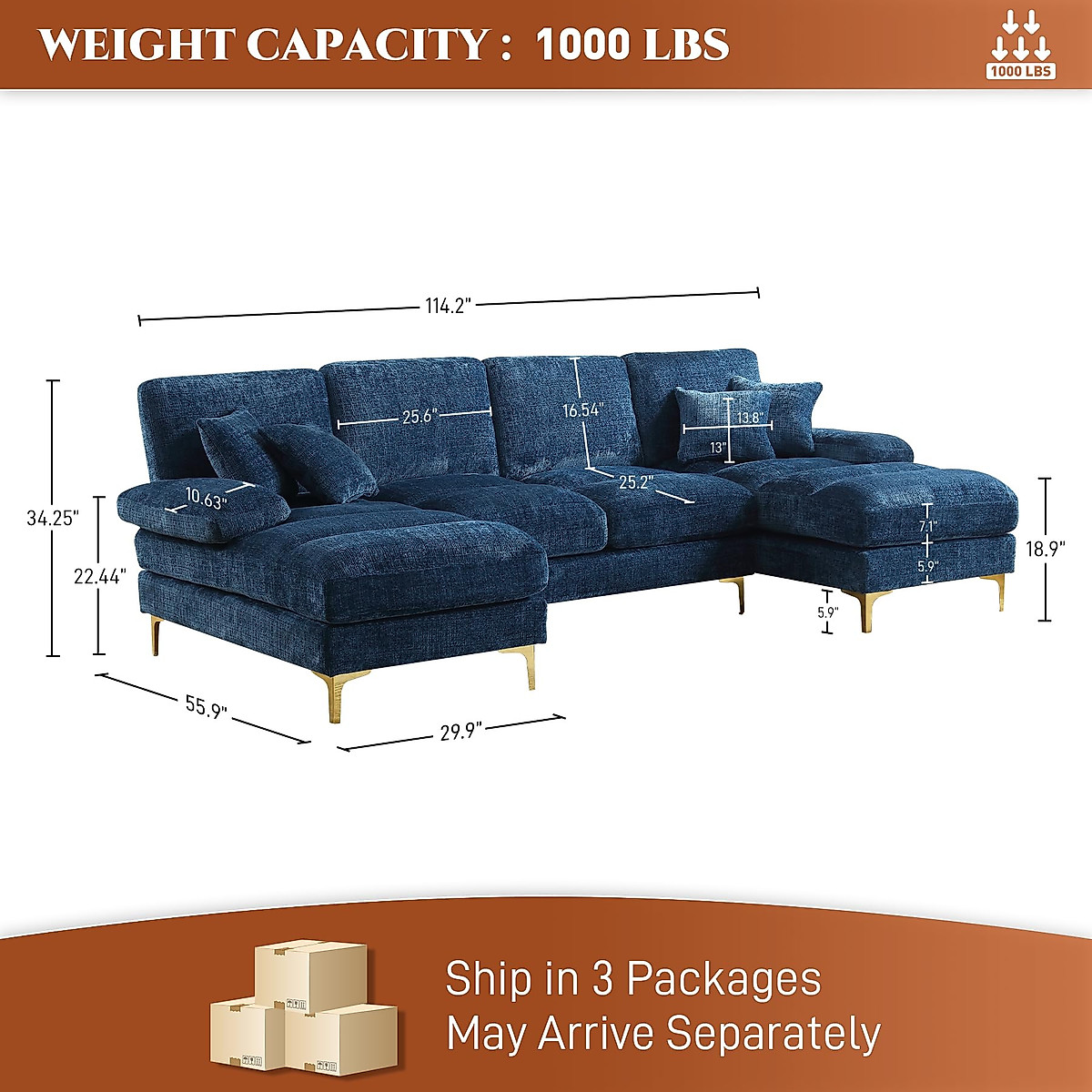 OUYESSIR Chenille U-Shaped Sectional Sofa Couch, 4 Seat Sofa Set for Living Room with 4 Pillows, 114" L-Shaped Chenille Sleeper Couch Set with Double Chaise Lounge (Blue)