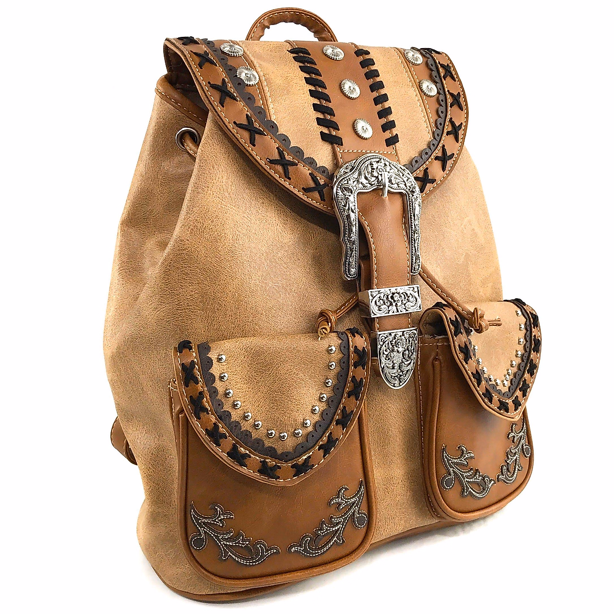 Zelris Western Country Floral Buckle Rucksack Backpack (Tan)