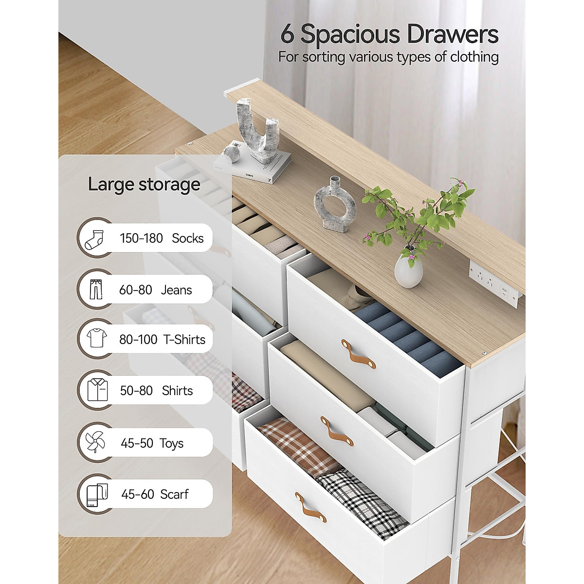 SANGMUCEN 47.2" W White Dresser for Bedroom with Charging Station and LED Lights, 6 Drawers Dresser with PU Finish, Wide Fabric Dressers for Closet, Bedroom, Hallway Entryway, Wood