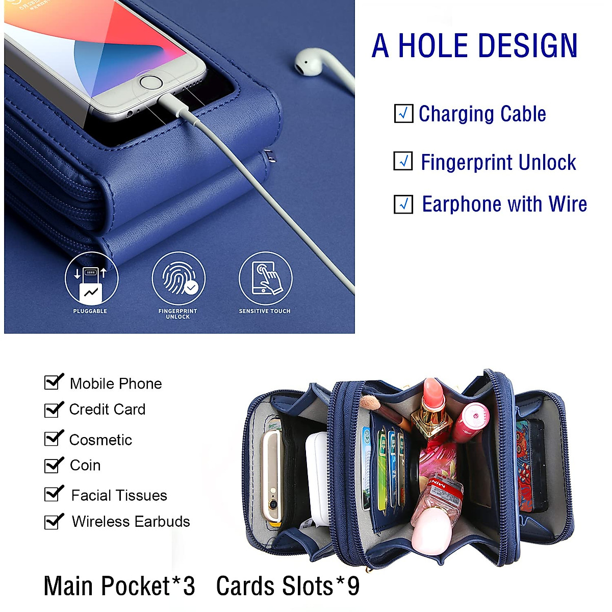 Small Crossbody Phone Bag for Women, RFID Blocking Touch Screen Cell phone Wallet Crossbody Purse Shoulder Strap Credit Card Holder Navy Blue