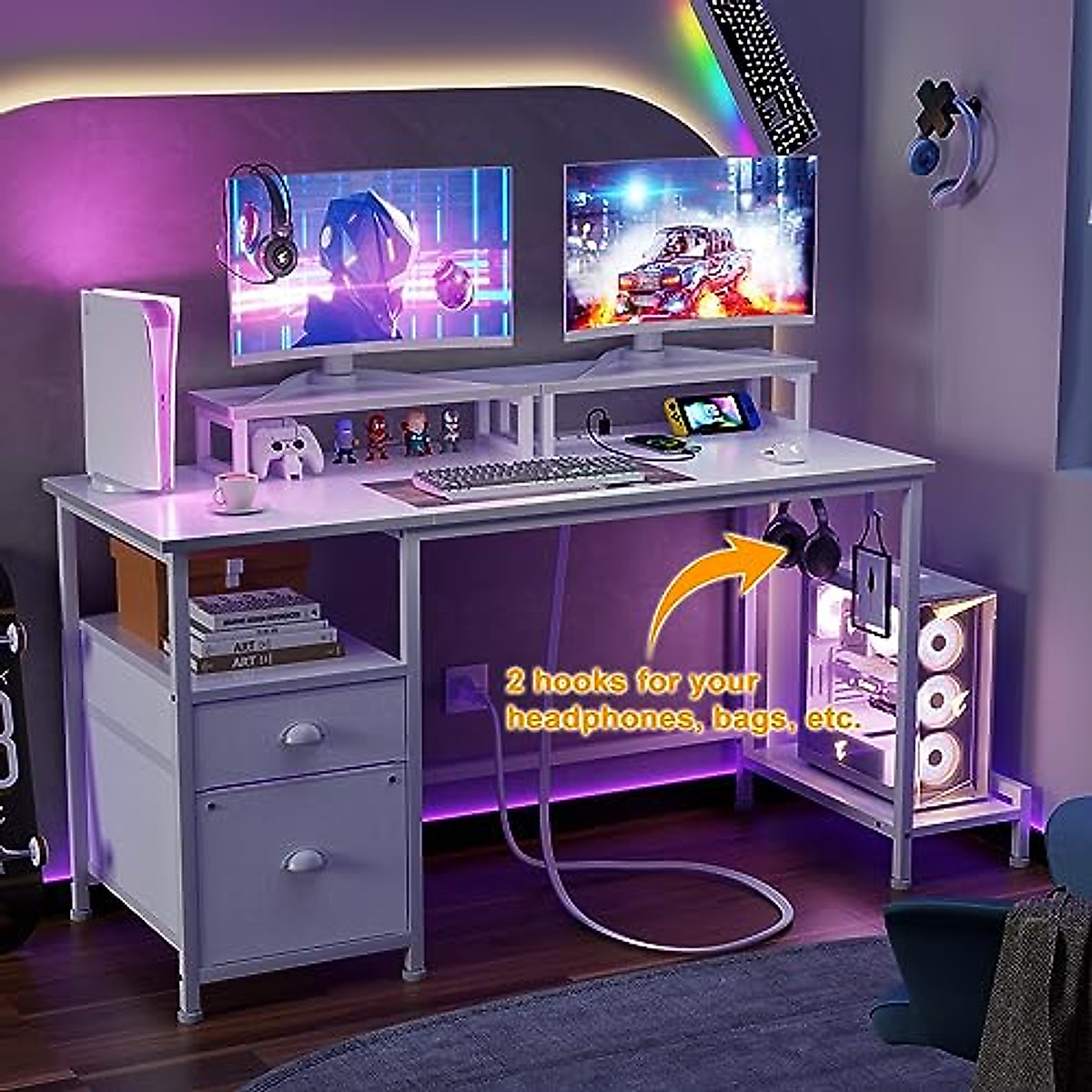 Furologee White Computer Desk with Drawer and Power Outlets, 47" Office Desk with 2 Monitor Stands and Fabric File Cabinet, Writing Gaming Table with Shelves and 2 Hooks for Home Office