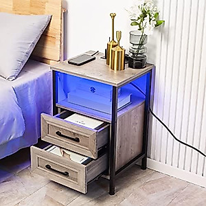 HOSEOKA Night Stand Charging Station and RGB Lights for Night Side Table Nightstand with USB Ports and Outlets Grey Night Stand Table with Drawers Farmhouse Nightstand for Bedroom