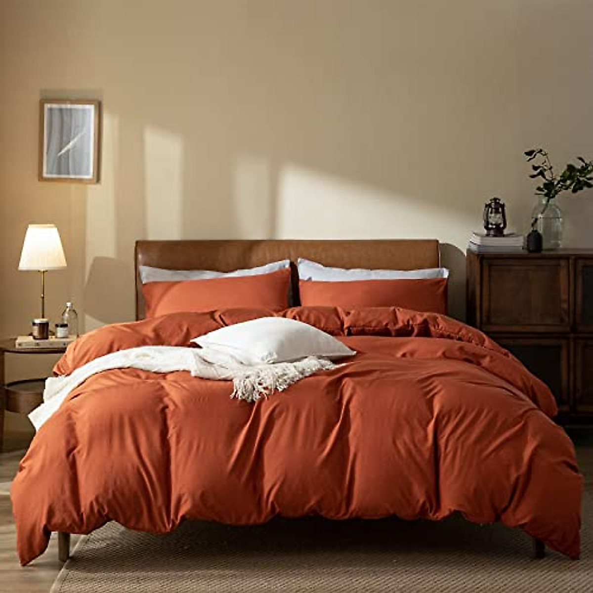 Burnt Orange Duvet Cover King, 100% Washed Microfiber Pink Bedding Set 3 Pieces Duvet Cover, 1 Duvet Cover with 2 Pillowcases, with Zipper Closure, Ultra Soft Feel Natural Wrinkled (Burnt, King)