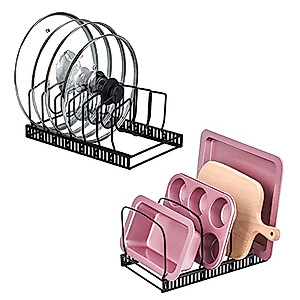 Toplife Adjustable 7+ Lids Organizer Rack + 10+ Bakeware Organizer Rack for Kitchen Cabinet and Counter, Black