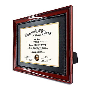 GMFrames 8.5x11 Diploma Degree Frame with Mat or Display 11x14 Certificates without Mat,Solid Wood,Cherry Finish with Intricate Black Rope Detail,UV Protection Acrylic