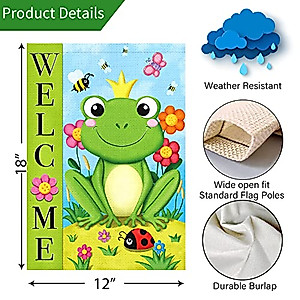 Louise Maelys Welcome Spring Summer Frog Garden Flags, Burlap Small Hello Summer Garden Yard House Flag Banner for Outside 12x18 Double Sided Vertical Seasonal Outdoor Decoration (ONLY FLAG)