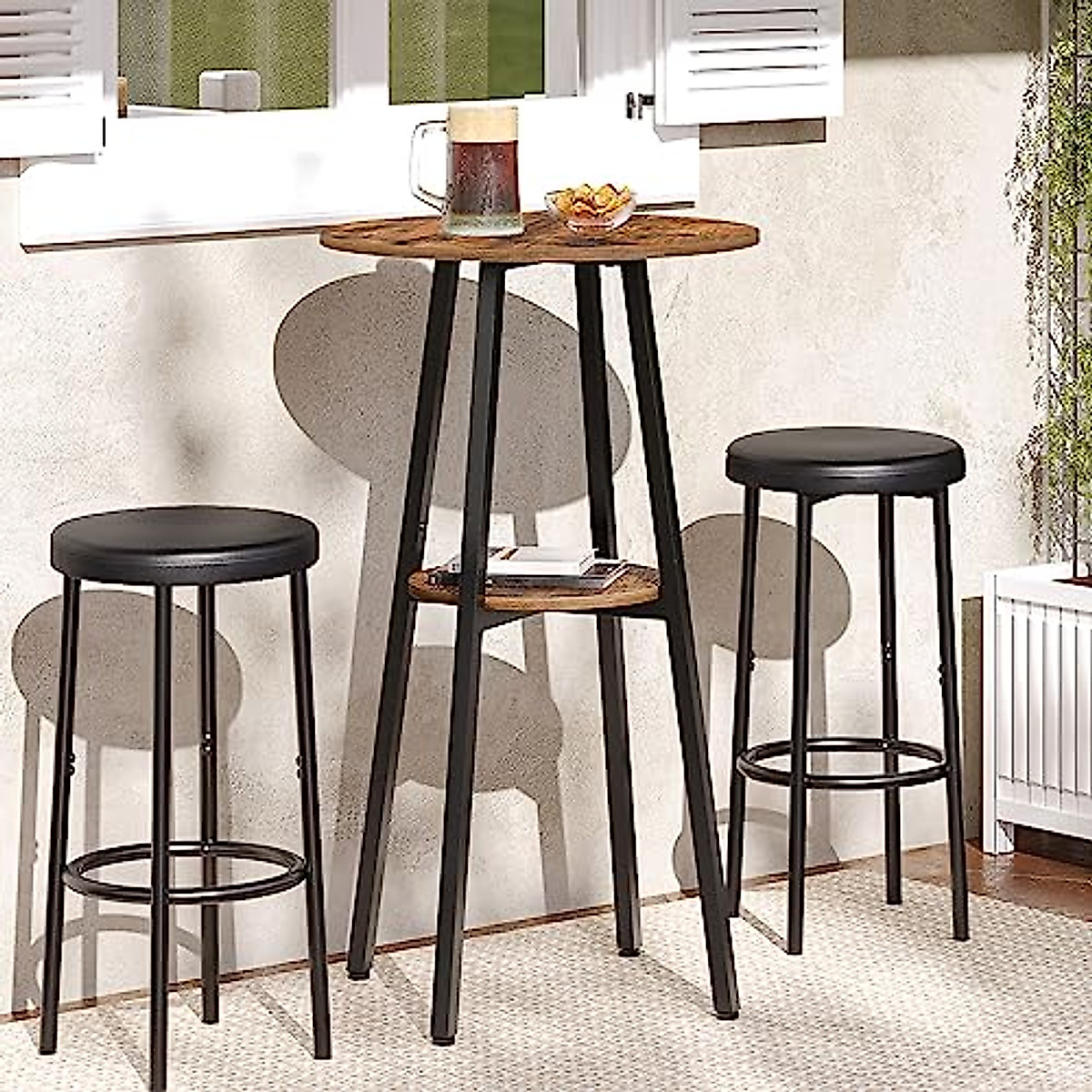 HOOBRO Bar Table, Round Pub Table, 2-Tier Bistro Table with Storage, High Top Table, Cocktail Table with Top Particleboard, for Kitchen, Living Room, Meeting Room, Rustic Brown and Black BF55BT01