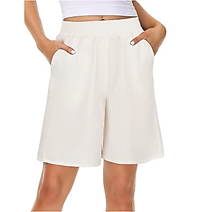 KANCY KOLE Plus Size Shorts for Women White Linen Shorts Knee Length High Waisted Beach Shorts with Pockets(White,2XL)