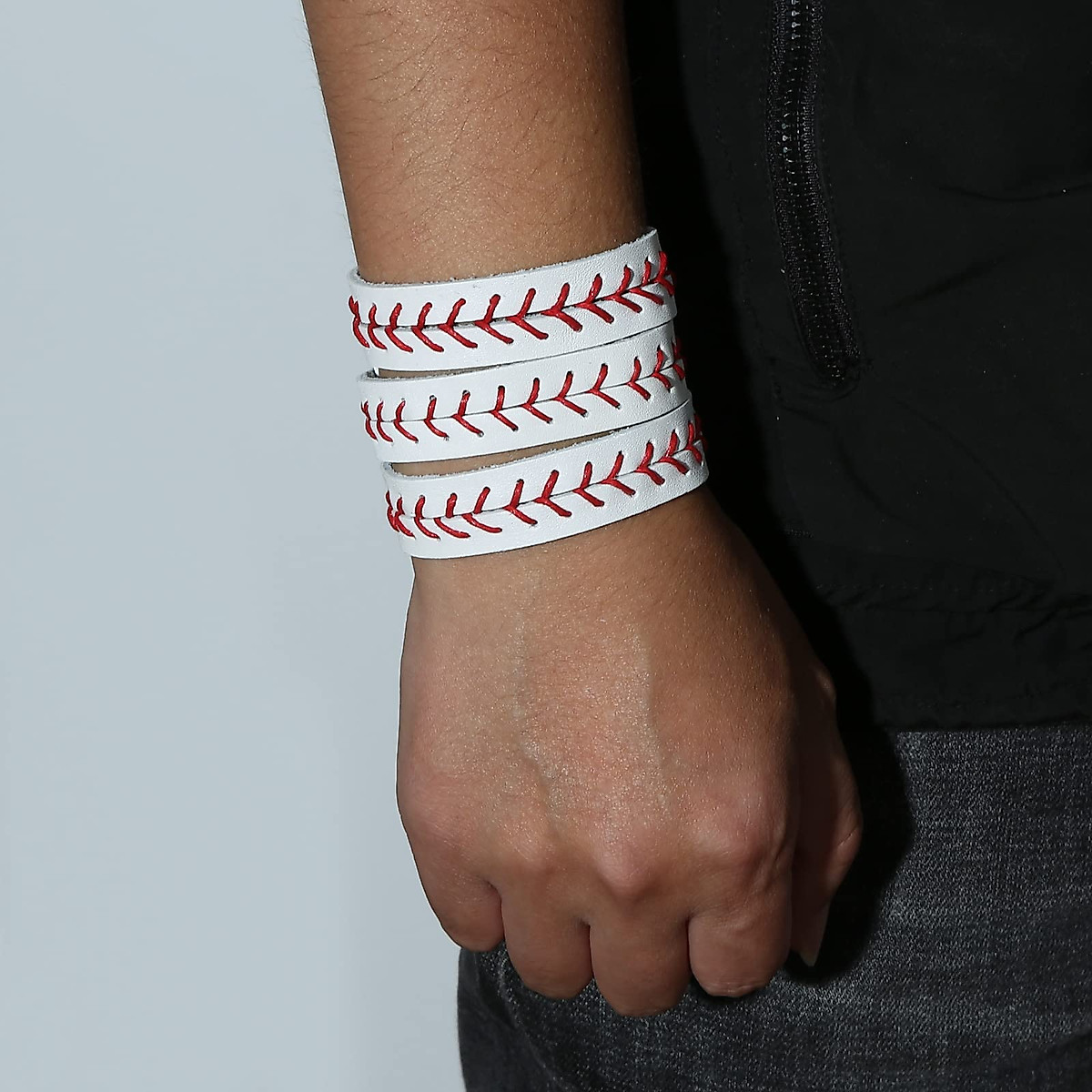 HZMAN Leather Softball Baseball Bracelets by Athletes Bangle Cuff Wristband, 3 Pcs White Black Yellow Ste (White)