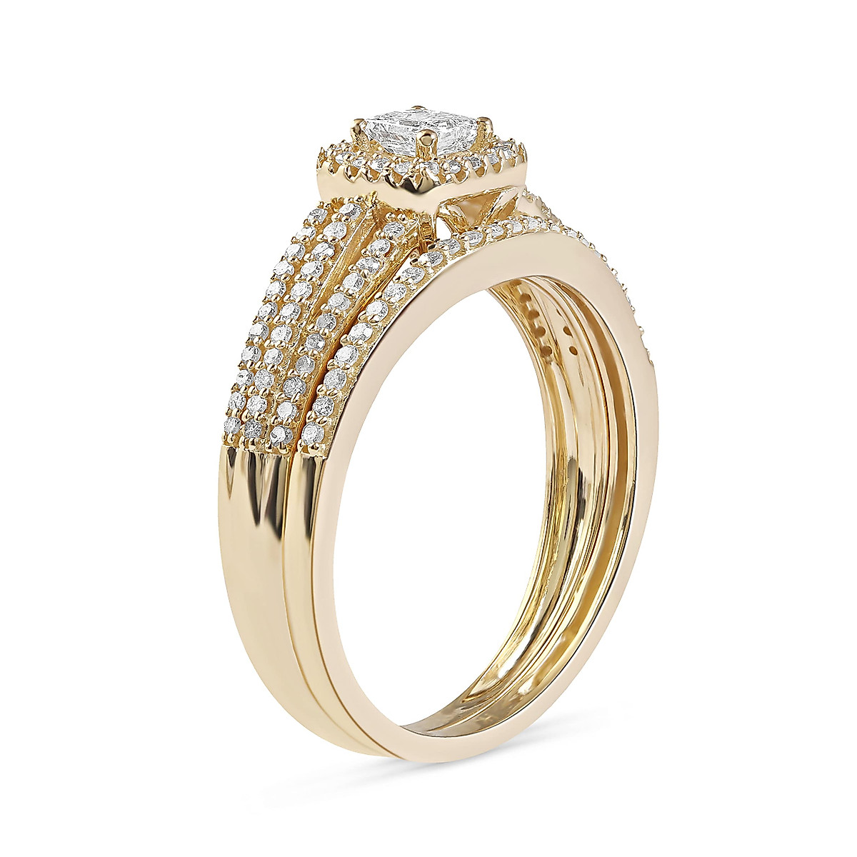 DZON IGI Certified 10k Yellow Gold 1/2 CT TDW Princess & Round Cut Diamond Halo Engagement Ring Set Love Gift for Women(I-J,I2)