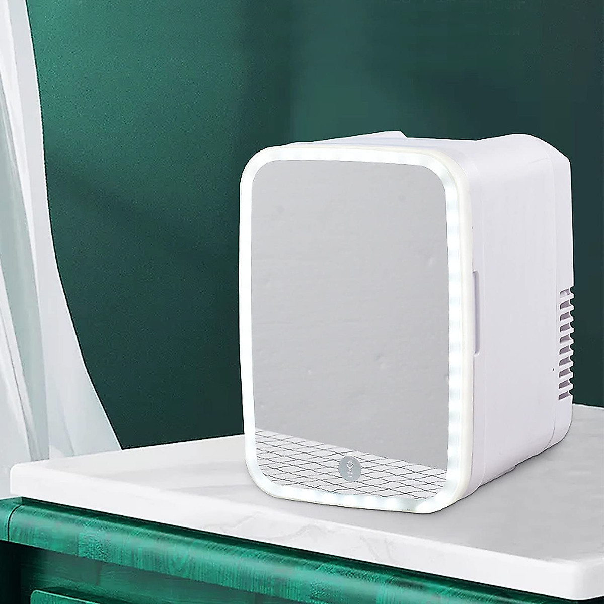 Syrisora Mini Skincare Fridge Organizer 4L with Mirror LED Light Removable Partition Board for Cosmetics Beverage Car 100‑240V (EU Plug)