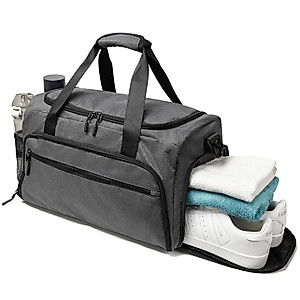 Gym Bag for Men Women, Small Fitness Workout Sports Duffle Bag with Wet Pocket & Shoes Compartment, Water Resistant Overnight Weekender Duffel Bag in Grey