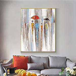 Abstract People in The Rain with Umbrellas Hand Painted Oil Painting On Canvas Abstract Wall for Living Room,31inx47in,No Frame