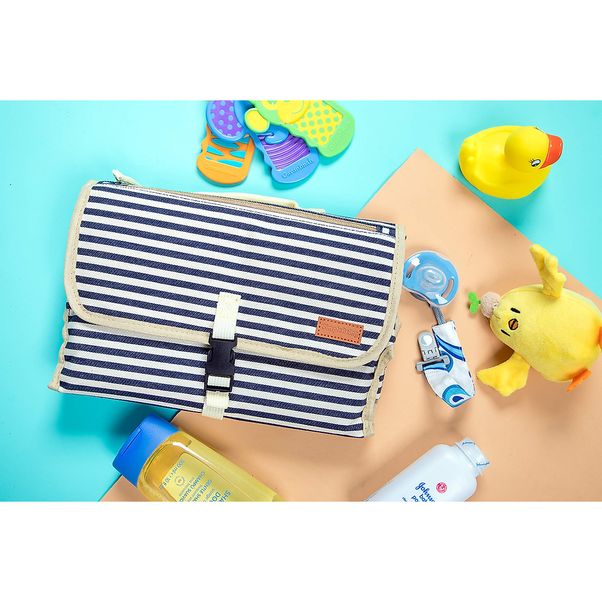 Simple Being Portable Changing Pad, Travel Diaper Canvas Clutch Mat, Diaper Bag Essential with Storage Pockets for Wipes and a Supportive Foam Head Pillow Padding (Navy Stripe)