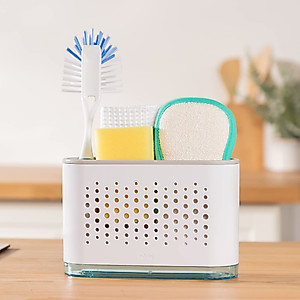 Minky Homecare Slimline Caddy, Sponge Holder for Kitchen, Slim Design Fits Anywhere Sink Organizer with Brush Compartment, Removable Tray, Drainage Spout-Made in UK, One Size, White