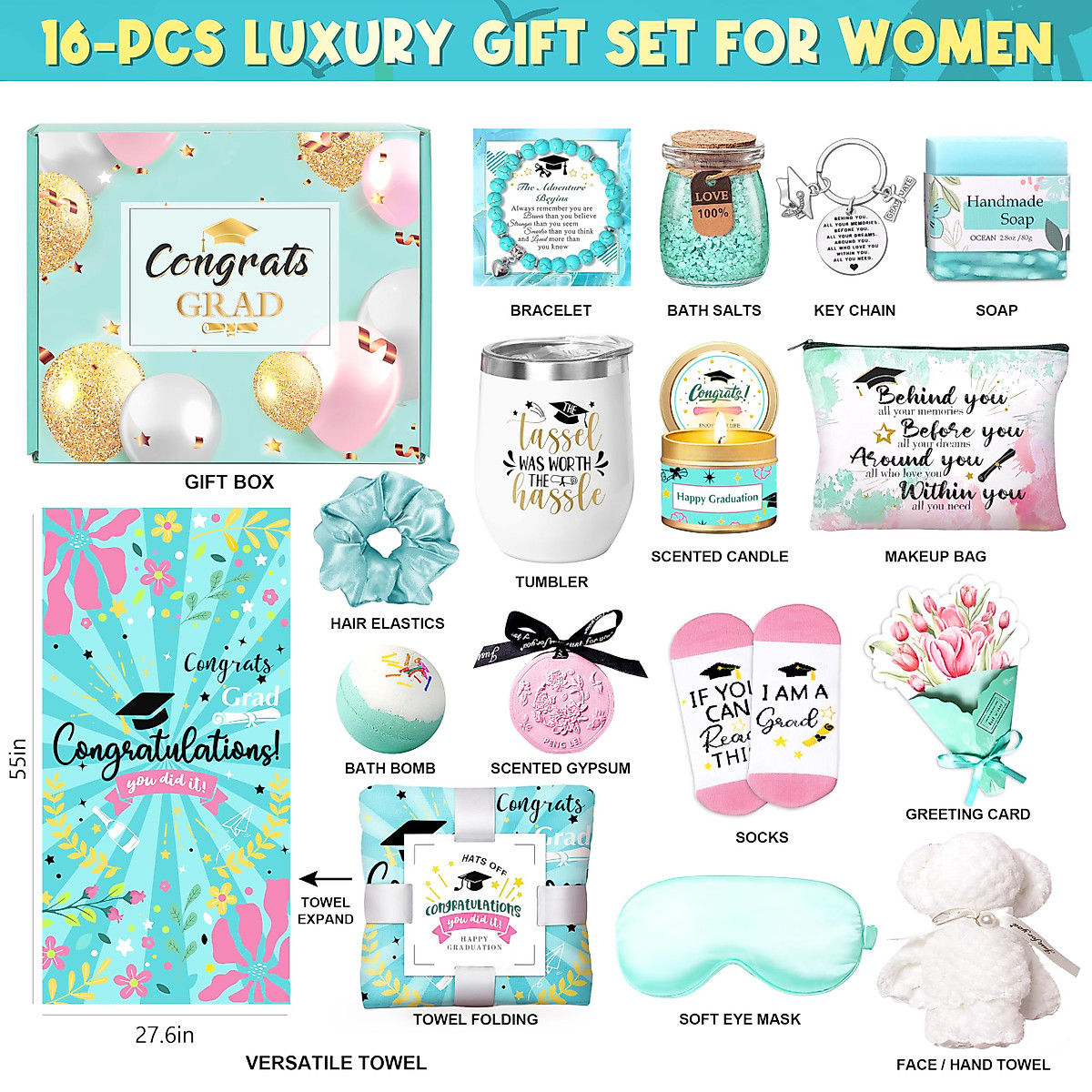 Graduation Gifts for Her 2025, College Graduation Gifts Basket Congratulations Gifts Set for Graduates Daughter Friends Nurse Insulated Tumbler Beach Towel Pouch Bag Candle Socks for Class of 2025