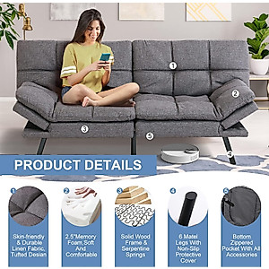 MUUEGM Futon Sofa Bed Couch Sleeper Convertible Memory Foam,Modern Love seat Daybed,Adjustable Armrest Backrest for Living Room,Office,Small Space,Apartment,Dorm,71" Sofabed, Grey-New
