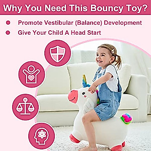 iPlay, iLearn Bouncy Pals Unicorn Horses, Toddler Girl Bouncing Animal Hopper, Inflatable Plush Hopping Toy, Outdoor Indoor Ride on Bouncer, Baby First Birthday Gift 18 Month 2 3 4 Year Old Kid