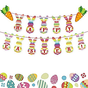Happy Easter Banner, Garland Party Decorations, Easter Banner for Mantle, Egg Bunny Multicolor Bunting, Hanging Decor for Home Fireplace Rabbit Carrot Outdoor Indoor Festival Supplies