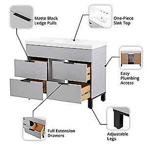 Spring Mill Cabinets D42V40259 Mayim Freestanding Bathroom Vanity with 4 Drawers and White Sink Top, Pearl Grey