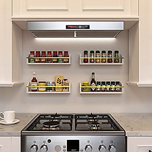 WOPITUES Floating Shelves with Protective Metal Rail, Small Bathroom Shelves Set of 4, Spice Rack Wall Mount, Wood Shelves for Kitchen, Living Room, Bedroom, Nursery Book- Modern White and Gold