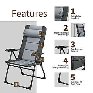 Giantex Set of 2 Patio Dining Chairs with Footstools, Folding Recliner Chairs with 7-Position Adjustable Backrest, Headrest, Mesh Bag, Outdoor Portable Lounge Chairs for Poolside Backyard, Grey