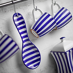 Handmade Dark Navy Blue Stripe Ceramic Kitchen Cooking Spoon Rest | Pottery Utensil Holder | Housewarming Gift by City to Cottage®