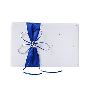 Amajoy 5pcs Sets Wedding Guest Book + Pen Set + Flower Basket + Ring Pillow + Garter, White Cover, Double Heart Rhinestone Decor Royal Blue Ribbon Bowknot Elegant Wedding Ceremony