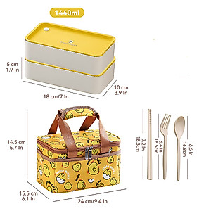 ArderLive Stackable Lunch Bento Box with Bag and Utensils, Microwave Safe, BPA-Free Eco-Friendly Lunch Containers for Adults Japanese, Yellow Denim Bag with Bonus Dip Container