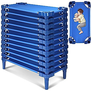Leinuosen Stackable Daycare Cots for Kids, 47" L x 22" W Portable Toddler Nap Cot for Sleeping, Portable Bed for Preschool Classroom Furniture Ready to Assemble for Sleep (Blue, 12 Pcs)
