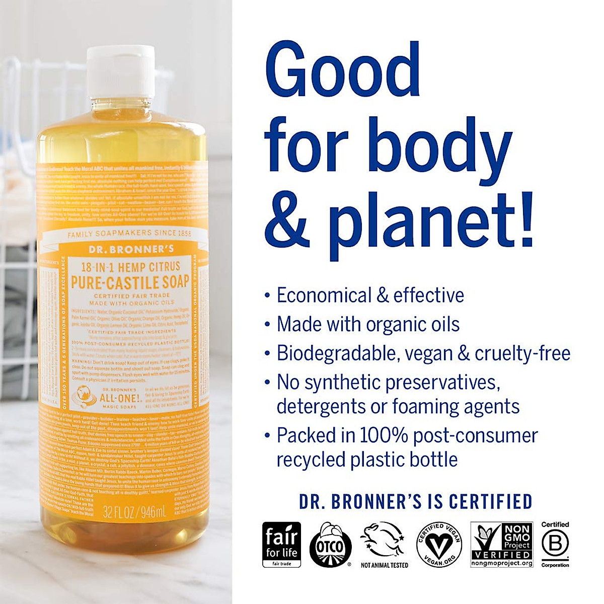 Dr. Bronner's - Pure-Castile Liquid Soap (Citrus, 1 Gallon) - Made with Organic Oils, 18-in-1 Uses: Face, Body, Hair, Laundry, Pets and Dishes, Concentrated, Vegan, Non-GMO