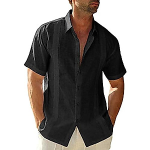 Maiyifu-GJ Men's Short Sleeve Cotton Linen Shirts Lightweight Summer Button Down Shirt Plain Tropical Holiday Beach T Shirt (Black,3X-Large)
