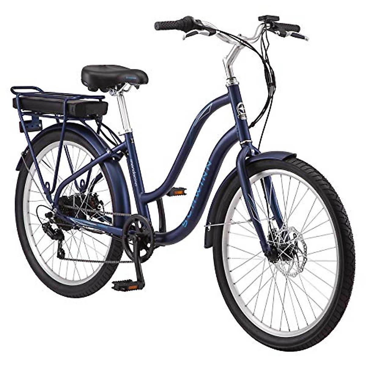 Schwinn Mendocino Mens and Womens Hybrid Electric Beach Cruiser, Lightweight Aluminum eBike Frame, 26-Inch Wheels, 6 Speed Drivetrain, Pedal Assist, Matte Blue