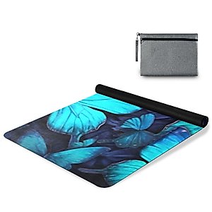 GOODOLD Blue Butterflies Yoga Mat, 71 x 26 Inch Non-slip Yoga Mats Folding Travel Exercise Mat Indoor Outdoor Gym Pilates with Storage Bag for Women Men