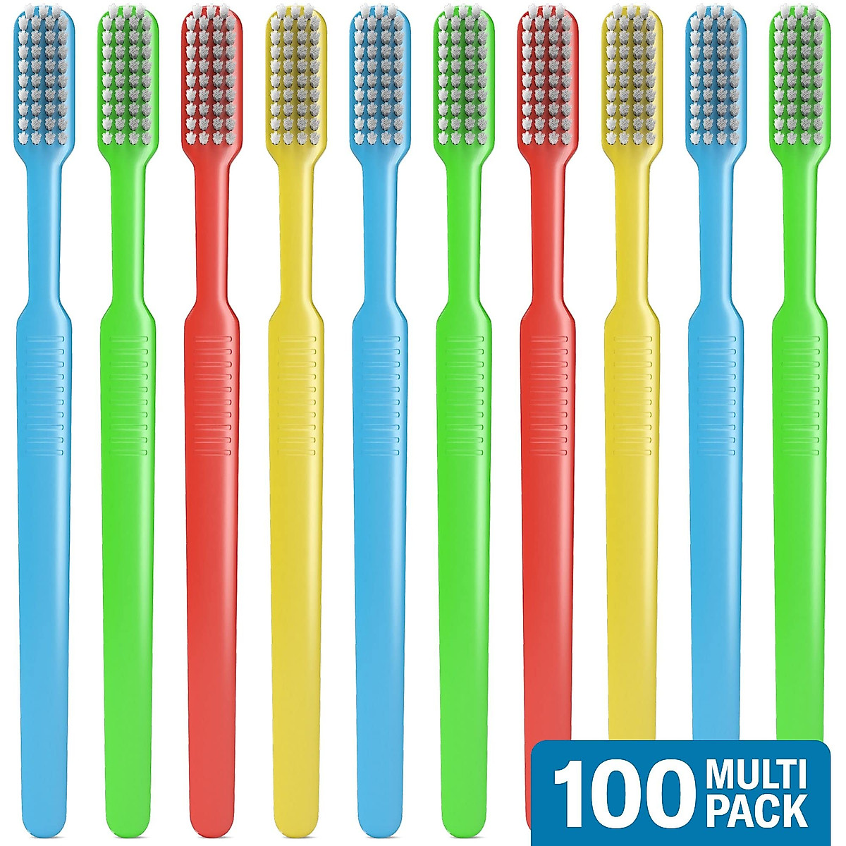 Blasting Health Bulk Disposable Soft Bristles Toothbrushes, Individually Wrapped, Assorted Colors, 39 Tufts - 100 Pack (Pre-Pasted)