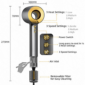 LettreQ Hair Dryer, 1400W Professional Ionic Hair Blow Dryer with Diffuser, Nozzle, Waterproof Handbag, Low Noise, No Heat Damage, Fast Drying, 3 Heating/3 Speed Settings for Home Travel Salon (A)