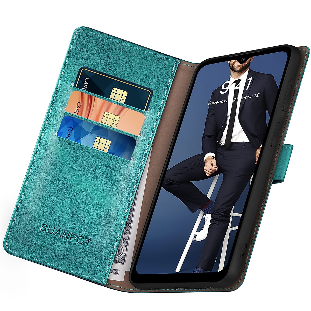 SUANPOT for Samsung Galaxy A14 5G Wallet case with RFID Blocking Credit Card Holder,Flip Book PU Leather Protective Cover Women Men for Samsung A14 Phone case (Blue Green)