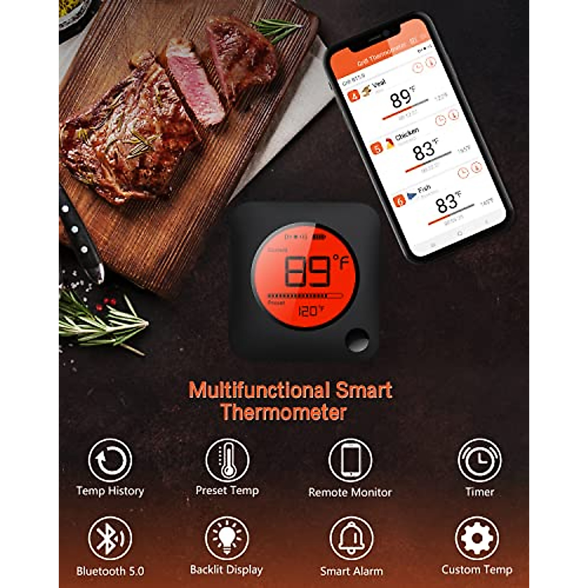 Bluetooth Meat Thermometer Wireless Meat Thermometer, Wireless Digital Grill Thermometer with 6 Temperature Probes, Large LCD Display, Bluetooth Thermometer for Grill, Smoker, Oven, Cooking and BBQ