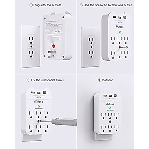 Outlet Extender - Wall Surge Protector with 6 Outlets 3 USB (1 USB C, 2 USB A), Multi Plug Outlet Splitter, Wall Mount Adapter with Top Phone Holder for Home, School, Office (490 Joules)