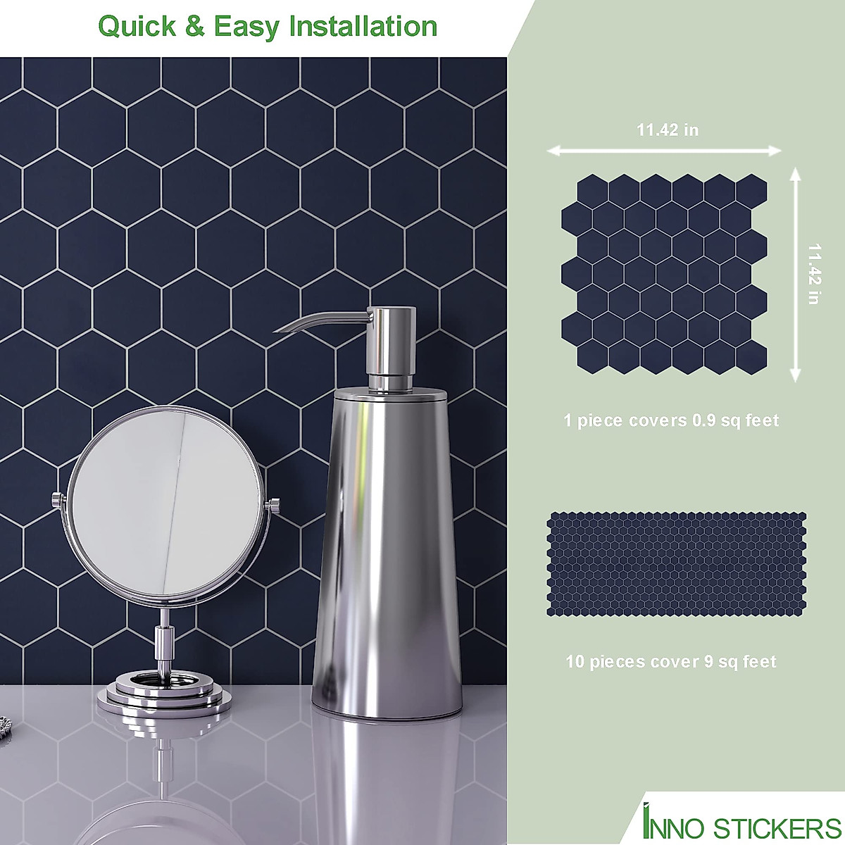 INNO STICKERS 10 Sheets Hexagon Peel and Stick Tile Backsplash,Waterproof Stick on Backsplash, 11.42" x 11.42" Self-Adhesive Marble Tiles for Kitchen,Bathroom,Bedroom, Navy Blue