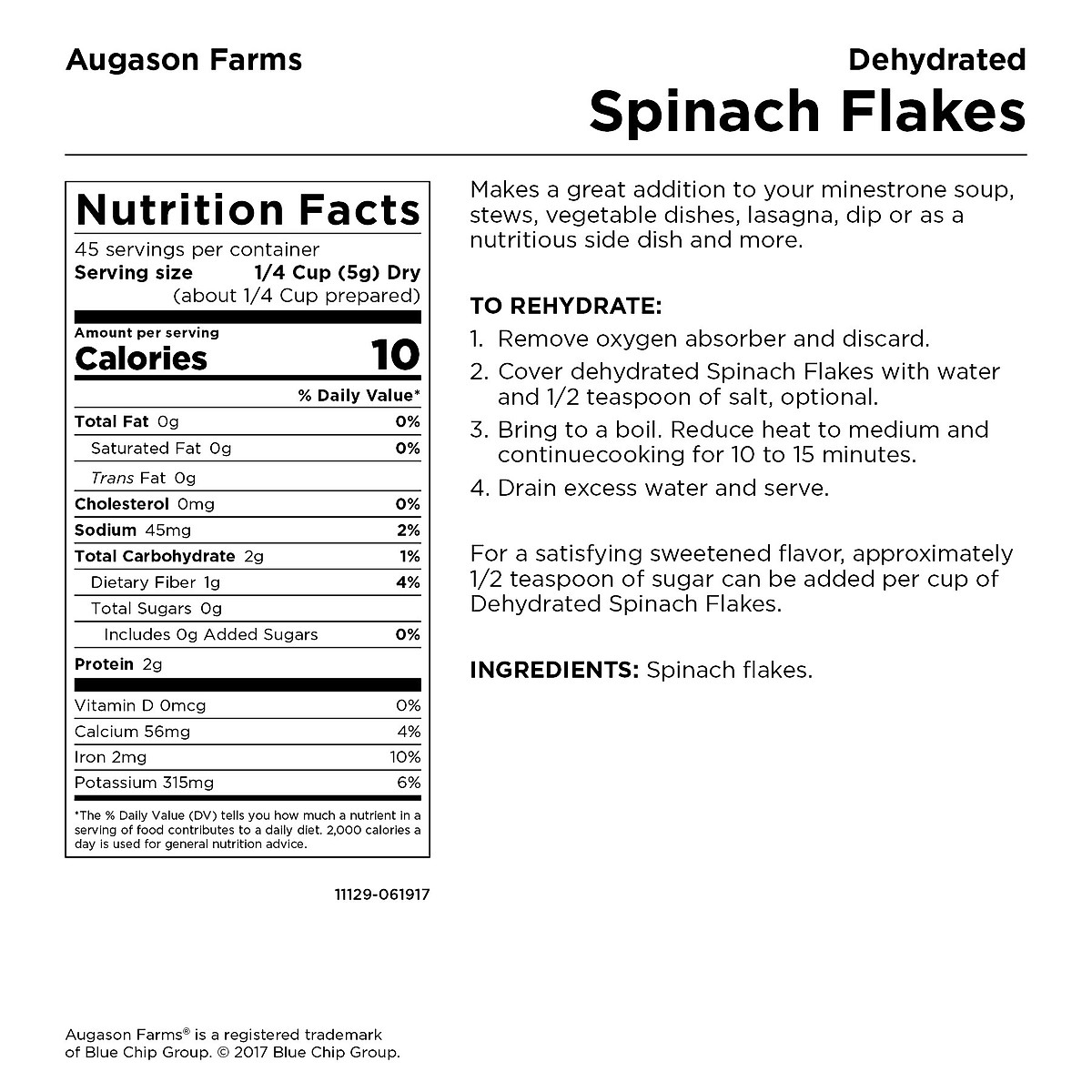 Augason Farms Dehydrated Spinach Flakes 8 oz No. 10 Can