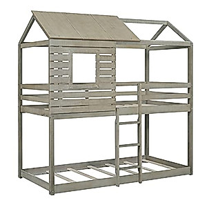 Mesnt Twin Bunk Bed Frame | Twin Over Twin Bunk Bed Wood Loft Bed with Roof, Window, Guardrail, Ladder Antique Gray