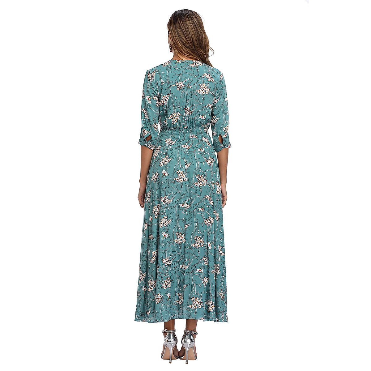 VintageClothing Women's Floral Maxi Dresses with Sleeves Flowy Boho Beach Party Dress Casual Summer Dress, M