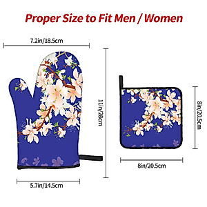 Swono White Floral Oven Mitts and Pot Holders Sets,Peach Tree with Flower in The Blue Background Kitchen Cooking Gloves Heat Resistant Baking for BBQ Grilling