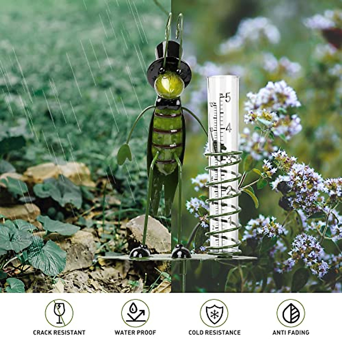 SaphiRose Rain Gauge Stake for Yard Garden Stakes Decor Outdoor Metal Locust Figurine with Plastic Tube - 5.31" W x 6.1" D x 40" H