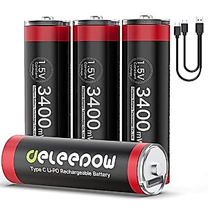 Deleepow USB Rechargeable AA Batteries 4 Pack, USB C Rechargeable Double A Lithium Batteries, 3400mWh 1.5V with 2-in-1 Charging Cable, 1 Hour Fast Charging AA Rechargeable Battery