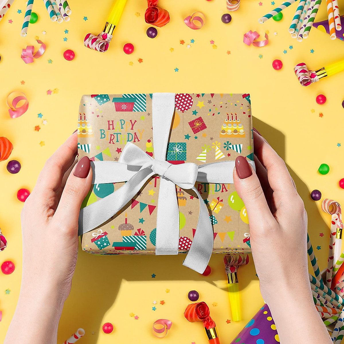 RUSPEPA Kraft Wrapping Paper Roll - Mini Roll - Colorful Happy Birthday Pattern Great for Birthday, Party, Baby Shower - 17 Inches X 32.8 Feet