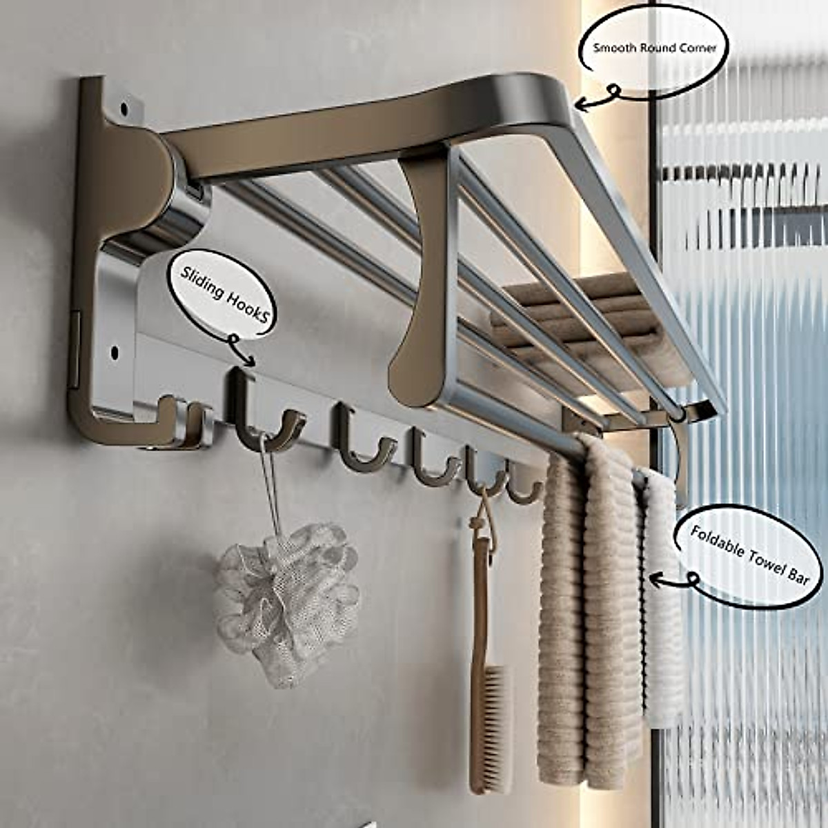 MUSTORN Bathroom Towel Rack with Towel Bar and Hooks 23.6 in Foldable Towel Shelf Wall Mounted Lavatory Towel Organizer Modern Gray Finish