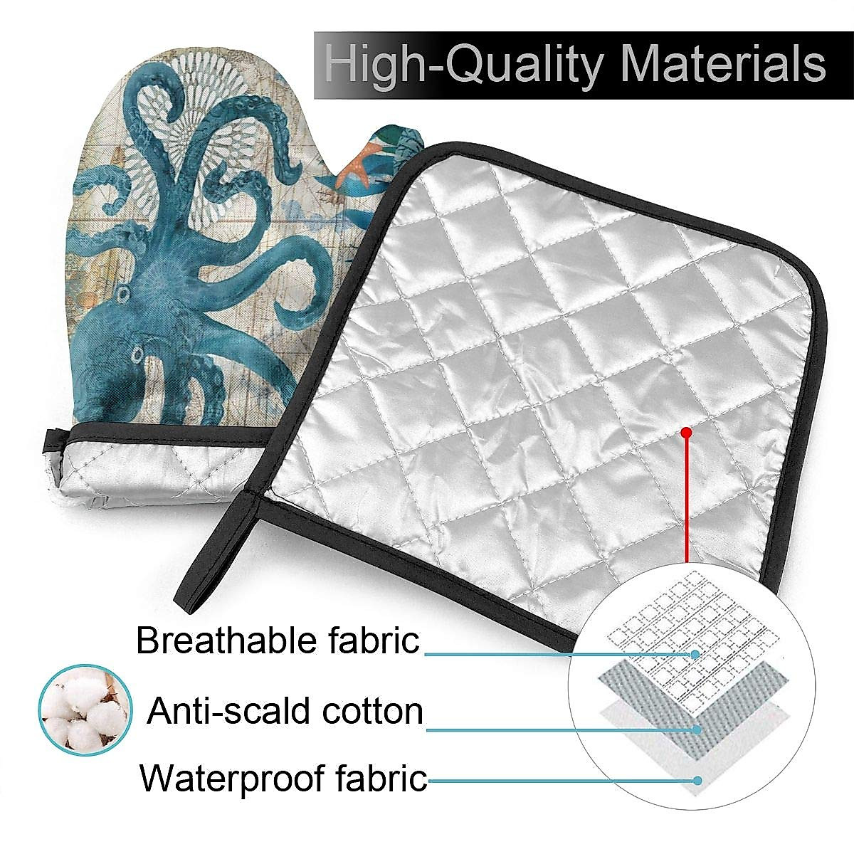 Abucaky Blue Octopus Nautical Map Oven Mitts and Pot Holders Insulated Gloves & Kitchen Counter Safe Mats for Cooking BBQ Baking Grilling (2-Piece Set)